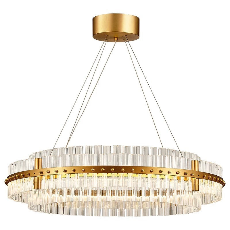 Gold Round Pendant with Cylindrical Crystals D39in 88W LED 3000K 120v/
